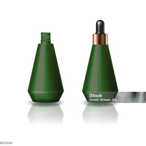 미용 또는 건강 한 제품에 대 한 드롭퍼 뚜껑 빈 녹색 원뿔 모양 화장품 병 반사 그림자가있는 흰색 배경에 격리되었습니다 패키지 설계에 사용할 준비가 되었습니다 벡터