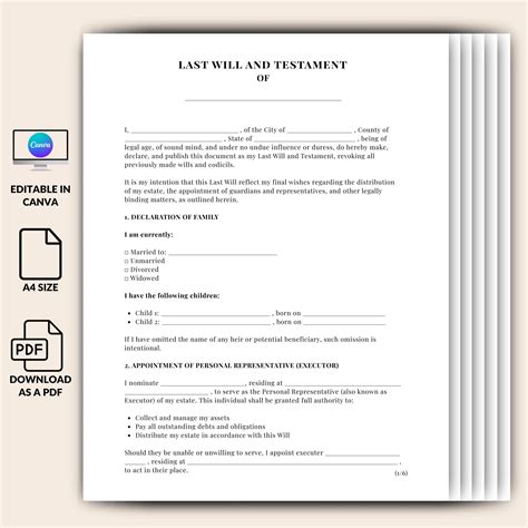 Last Will And Testament Template Editable Printable Will Form Simple