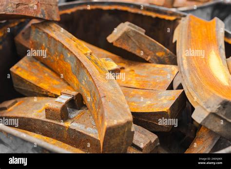 Pile Of Rusty Metal Pieces Used Old Part Of Train Brake Pad Garbage