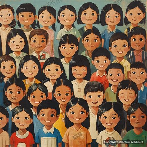 Ai创作图平面人物图 大林七姐妹 新人类群像 儿童全身像插画 青春题材人物插图 正面人物插画 写实人物插画 学生插画图案 人物插画系列 人物合照 小学生人物设计 人物微场景 少先队员插画 六一