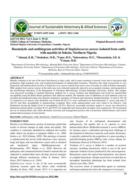 Pdf Haemolytic And Antibiogram Activities Of Staphylococcus Aureus Isolated From Cattle With