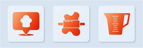 반죽에 롤링 핀을 설정 위치와 측정 컵 요리사 모자 흰색 정사각형 버튼 벡터 굴리기에 대한 스톡 벡터 아트 및 기타 이미지 굴리기 단일 객체 디자인 Istock