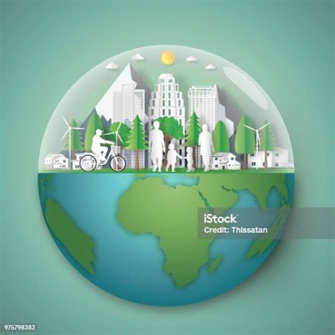 그린 하우스 효과 사람들의 운동과 종이 예술과 공예 스타일 개념으로 자연 건강 세계에 공원에서 아침 신선한 공기에서 휴식 벡터 일러스트 레이 션 오존층에 대한 스톡 벡터