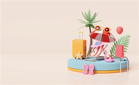 주황색 여행 가방 해변 의자 선글라스 풍선 플라밍고 샌들 야자 잎 쇼핑 종이 봉지 여름 여행 또는 온라인 쇼핑 여름 판매 개념