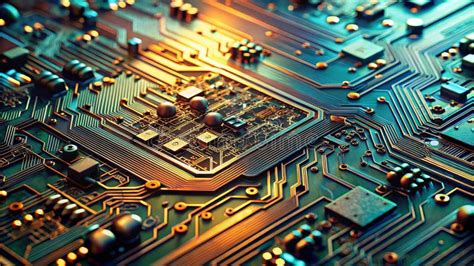 Close Up View Of A Complex Electronic Circuit Board With Intricate Pathways And Components