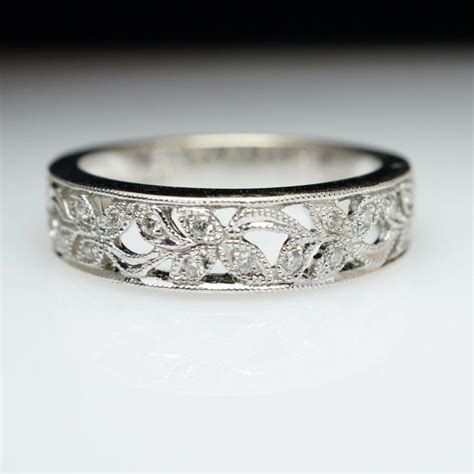 Intricate Diamond Flower Inlay White Gold Anniversary Band Diamond Band Wedding Band Engagement
