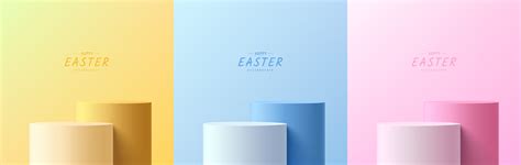 노란색 파란색 및 분홍색 3d 사실적인 연단 배경 세트 타원형 달걀 모양 즐거운 부활절 날입니다 벽 최소 장면 모형 제품 무대 진열장 프로모션 디스플레이 추상 벡터 기하학적