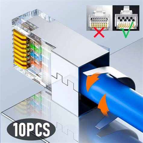 Cat7 Rj45 Connector Pass Through 8p8c Cat6a Rj45 Ethernet Plug For Cat7 Solid Stranded Network