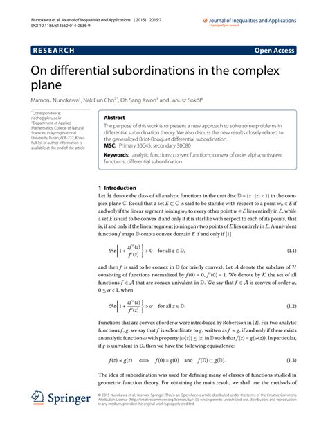 Pdf On Differential Subordinations In The Complex Plane
