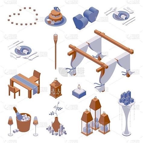 烛光、餐桌摆设、蛋糕、心形纸灯笼和带白色窗帘的帐篷等，都是装饰海滩浪漫晚餐场景的等角物件，适合情侣订