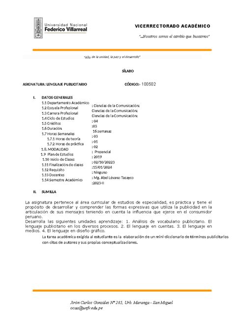 Sílabo De Lenguaje Publicitario 2023 2 “ Somos El Cambio Que