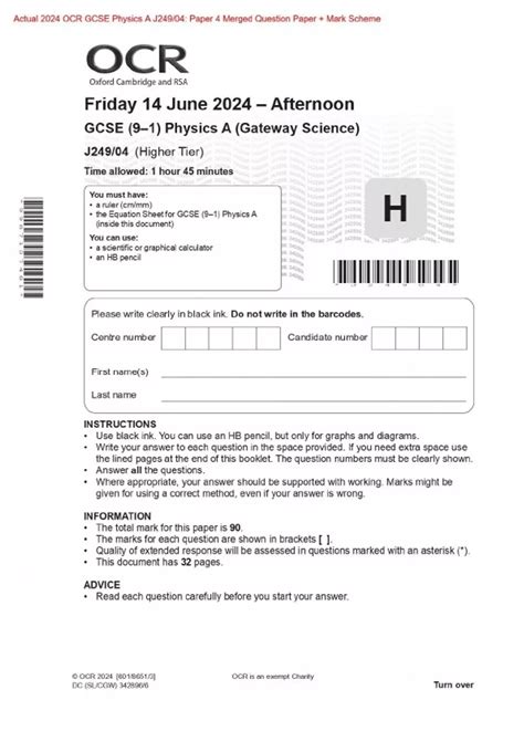 Actual OCR GCSE Physics A Gateway J Paper Higher Tier Merged Question Paper