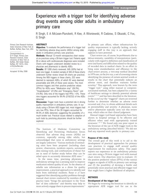 Pdf Experience With A Trigger Tool For Identifying Adverse Drug Events Among Older Adults In