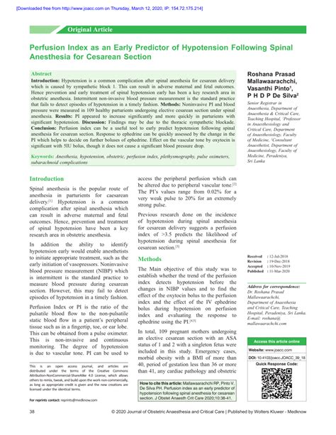 PDF Perfusion Index As An Early Predictor Of Hypotension Following Spinal Anesthesia For