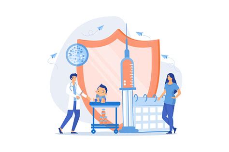 소아과 및 보육 의사는 주사를줍니다 유아 및 아동 백신 신생아 예방 접종 일정 어린 시절 질병으로부터의 보호 개념flat 벡터