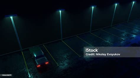 비에 빈 주차장에 외로운 복고풍 자동차 안개 비 반사 사이버 펑크 벽지 3d 렌더링 그림입니다 차에 대한 스톡 사진 및 기타 이미지 Istock