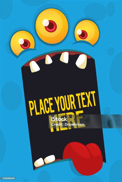 재미있는 표정의 만화 괴물 얼굴은 텍스트를위한 입 빈 공간 배너를 열었습니다 벡터 일러스트레이션 격리 배너 또는 장식 파티를위한