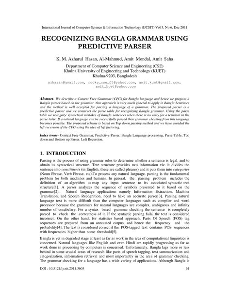 PDF Recognizing Bangla Grammar Using Predictive Parser