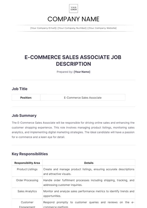 Free E Commerce Sales Associate Job Description Template To Edit Online