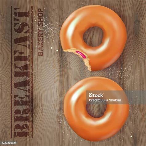 나무 테이블에 도넛 베이커리 가게 컨셉 사실적인 벡터 일러스트레이션 도넛에 대한 스톡 벡터 아트 및 기타 이미지 도넛 윤기 낸 음식 벡터 Istock