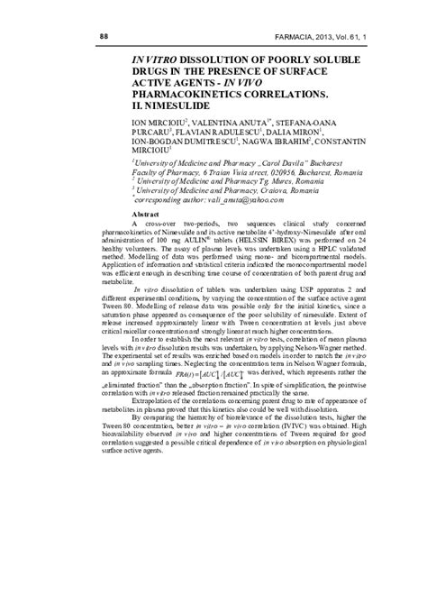 Pdf In Vitro Dissolution Of Poorly Soluble Drugs In The Presence Of Surface Active Agents In
