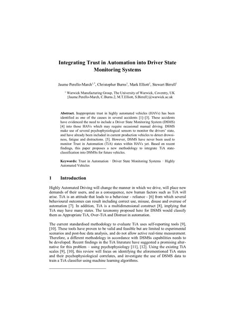 Pdf Integrating Trust In Automation Into Driver State Monitoring Systems
