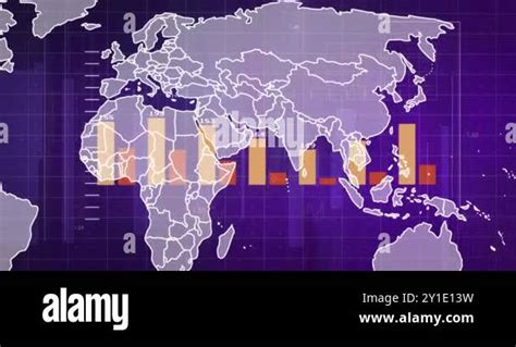 World Map With Bar Charts And Data Processing Animation Over Purple