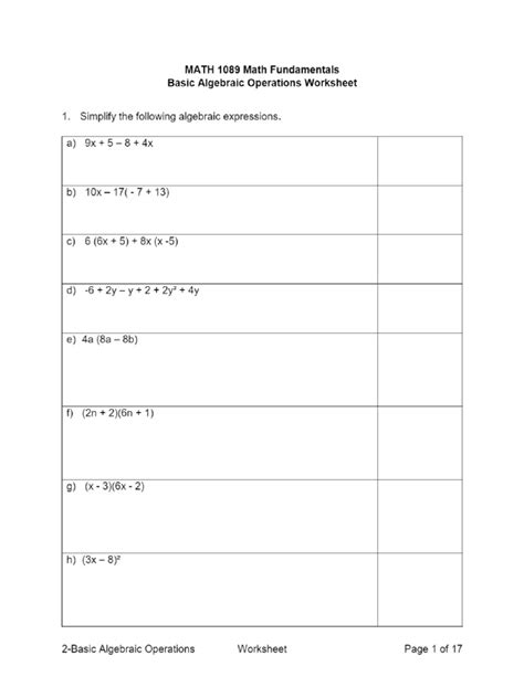 Worksheet Basic Algebraic Operations Technical Math Foundations 1239 1380 Pdf