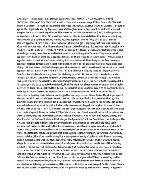 People V Tibon Examines Insanity Defense For Parricide Charges Pdf Insanity Defense Testimony