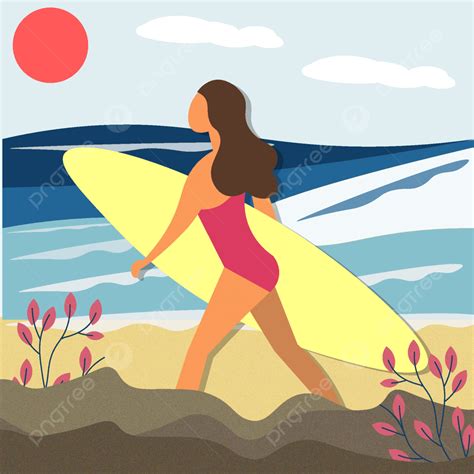 여름 해변 해변 플랫 윈드 서핑 여자 벡터 바다가 보이는 해변 여름 해변 Png 일러스트 및 벡터 에 대한 무료 다운로드 Pngtree