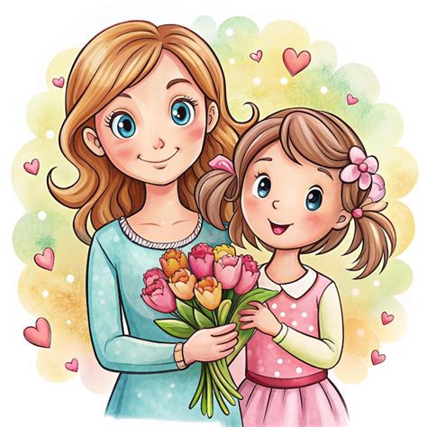 Feliz Día De La Madre Hermosa Madre E Hija Personaje Dibujado A Mano