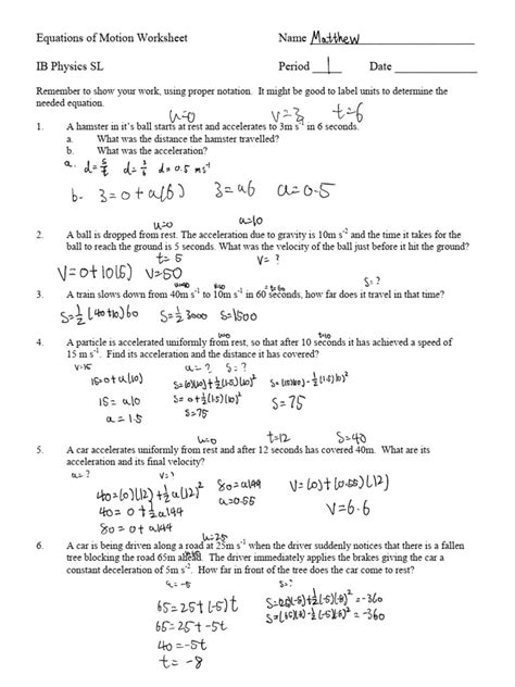 October Week Equations Of Motion Worksheet Pdf Acceleration