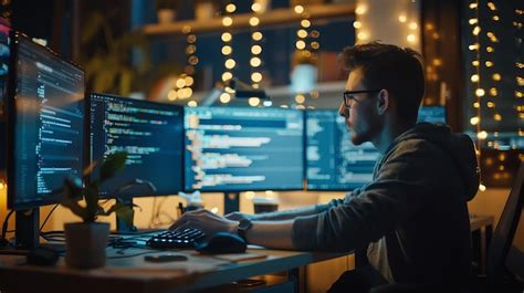 Premium Photo Focused Young Male Programmer Working Late At Night On