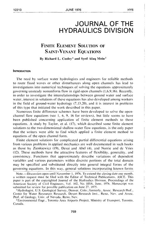 Pdf Finite Element Solution Of Saint Venant Equations