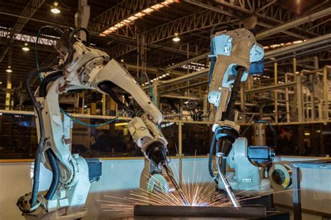 Robots Are Welding Test Run Program Stock Image Image Of Grass Dark