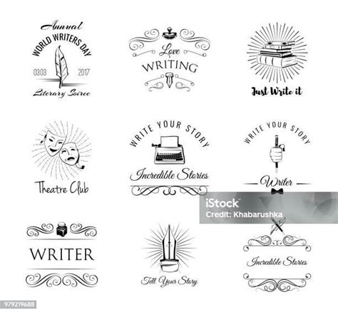작가 디자인 요소입니다 빈티지 펜입니다 잉크도 서 타자기 극장 마스크 문 진 세트를 작성 디자인 요소 컬렉션입니다 벡터입니다 골동품에 대한 스톡 벡터 아트 및 기타 이미지