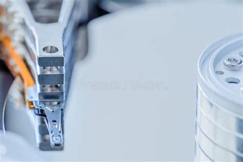 Disassembled Hard Disk Drive Inside Close Up Spindle Actuator Arm Read Write Head Platter