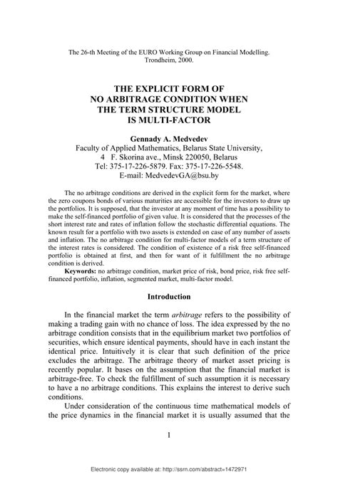 Pdf The Explicit Form Of No Arbitrage Condition When The Term Structure Model Is Multi Factor