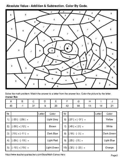 Absolute Value Addition And Subtraction Coloring Worksheets Color By Code