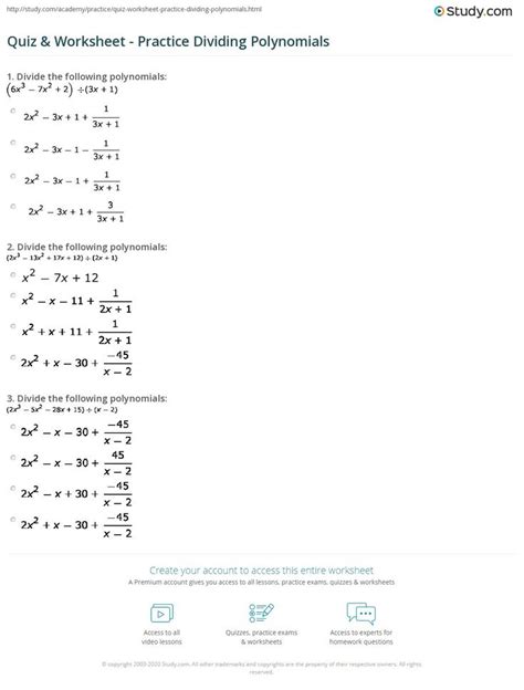 Dividing Polynomials Worksheet Answers Quiz And Worksheet Practice Dividing Polynomials