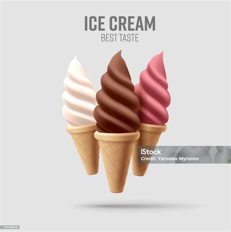 와플 콘에 리얼한 소프트 아이스크림 소프트 아이스크림 3d 벡터 아메리칸 선데이 소용돌이 세 가지 맛 초콜릿 바닐라 베리 3차원 형태에 대한 스톡 벡터 아트 및 기타 이미지
