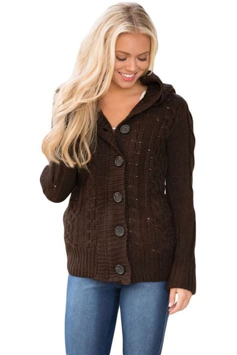 Brown Long Sleeve Button Up Hooded Cardigans Thedearlover Knit Sweater Coat Hooded Cardigan
