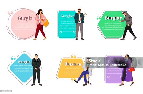 강도 플랫 컬러 벡터 문자 따옴표 강도 강도 범죄자 도둑 경비원 범죄 행위 인용 빈 프레임 템플릿 음성 거품 견적 빈 텍스트 상자 디자인 Brand Name Online