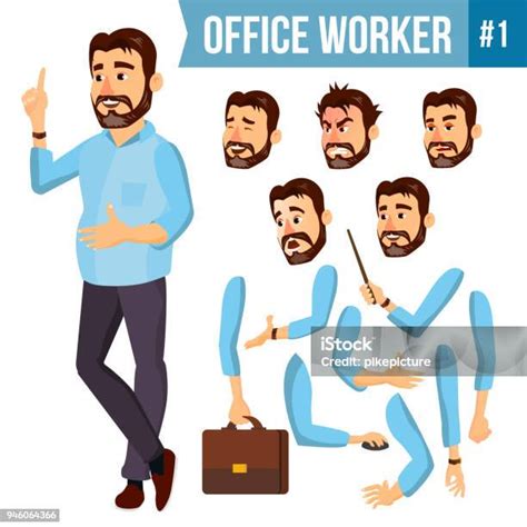 사무실 작업자 벡터입니다 감정 다양 한 제스처를 얼굴 애니메이션 만들기 세트입니다 기업 사업가 남자 성공적인 장교 사무원 하