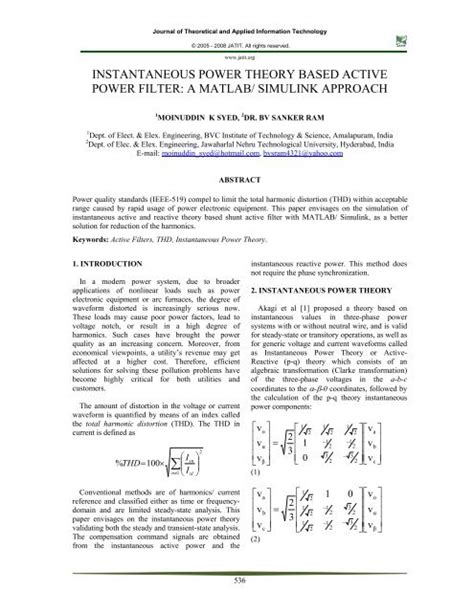 Instantaneous Power Theory Based Active Power Filter