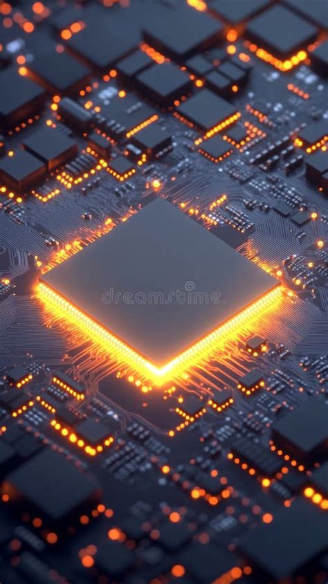 Futuristic Glowing Microchip On Circuit Board Representing Advanced Technology Stock
