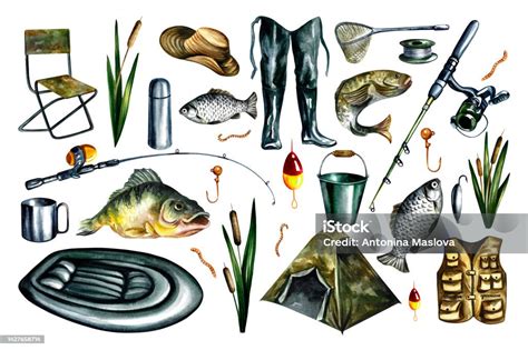 낚시 낚시 장비 세트 흰색 배경에서 격리하십시오 수채화 그림 낚시를위한 디자인 강에 대한 스톡 벡터 아트 및 기타 이미지 강 개체 그룹 고무장화 Istock