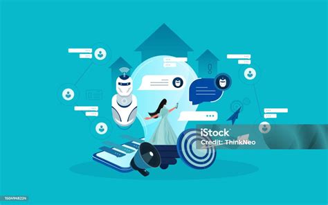 인공지능 챗봇과 미래 마케팅 Ai와 비즈니스 Iot 개념입니다 만족한에 대한 스톡 벡터 아트 및 기타 이미지 만족한 자동화