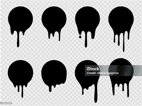 드립 스티커 또는 원형 라벨을 녹입니다 벡터 액체 는 낙서 Blob 스티커아이콘을 삭제합니다 검은 액체 또는 녹은 초콜릿 드립 현재 페인트 식용유에 대한 스톡 벡터 아트 및