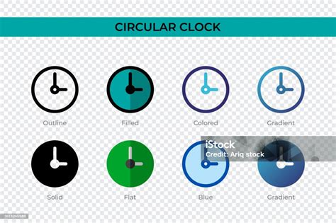 다른 스타일의 원형 시계 아이콘입니다 원형 시계 벡터 아이콘은 윤곽선 솔리드 컬러 채우기 그라디언트 및 플랫 스타일로 설계되었습니다 기호 로고 일러스트레이션 벡터 일러스트